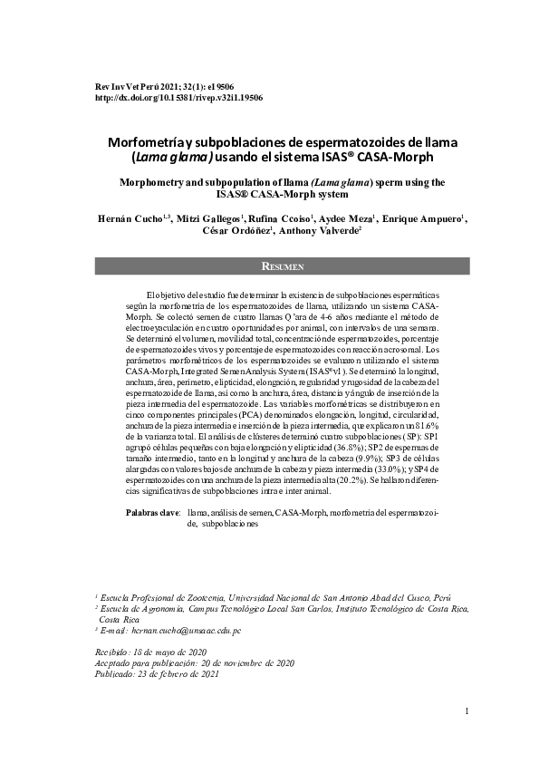 (PDF) Morfometría y subpoblaciones de espermatozoides de llama (Lama ...