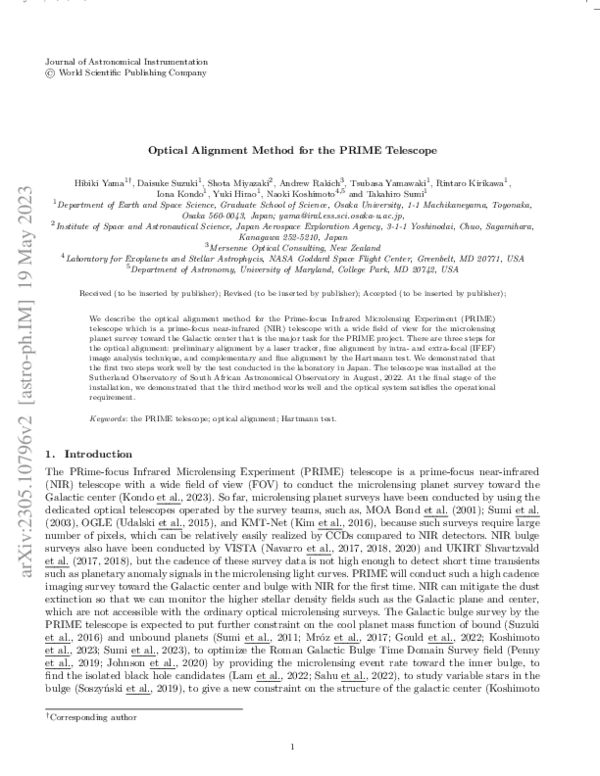(PDF) Optical Alignment Method for the PRIME Telescope