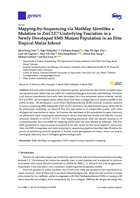 (PDF) Mapping-by-Sequencing via MutMap Identifies a Mutation in ZmCLE7 Underlying Fasciation in ...