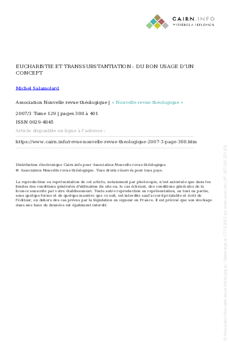 (PDF) Eucharistie et transsubstantiation : du bon usage d’un concept