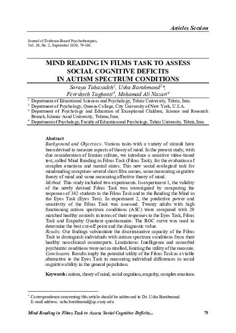 (PDF) Mind Reading in Films Task to Assess Social Cognitive Deficits in ...