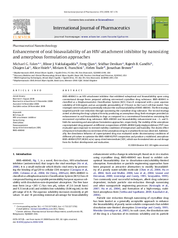 Pdf Enhancement Of Oral Bioavailability Of An Hiv Attachment Inhibitor By Nanosizing And