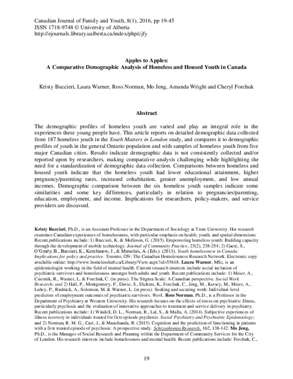(PDF) Apples to Apples: A Comparative Demographic Analysis of Homeless and Housed Youth in ...