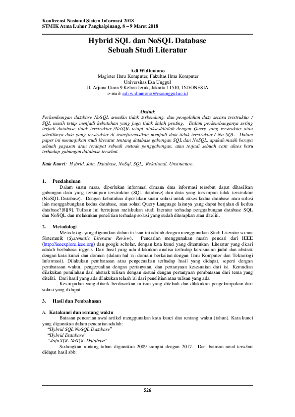 (PDF) Hybrid SQL dan NoSQL Database Sebuah Studi Literatur