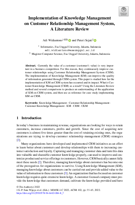 (PDF) Implementation of Knowledge Management on Customer Relationship ...