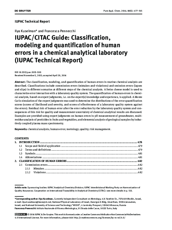 (PDF) IUPAC/CITAC Guide: Classification, modeling and quantification of human errors in a ...