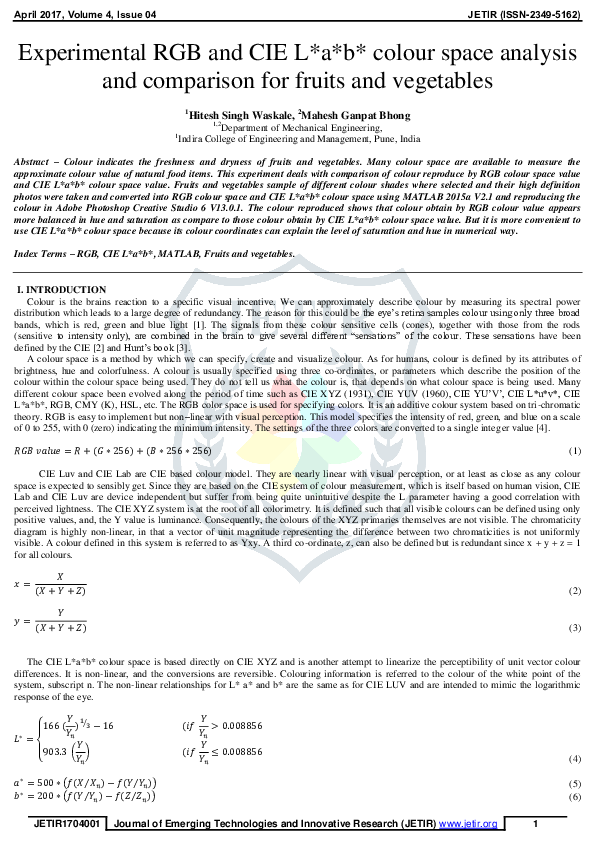 Pdf Experimental Rgb And Cie L A B Colour Space Analysis And Comparison For Fruits And Vegetables