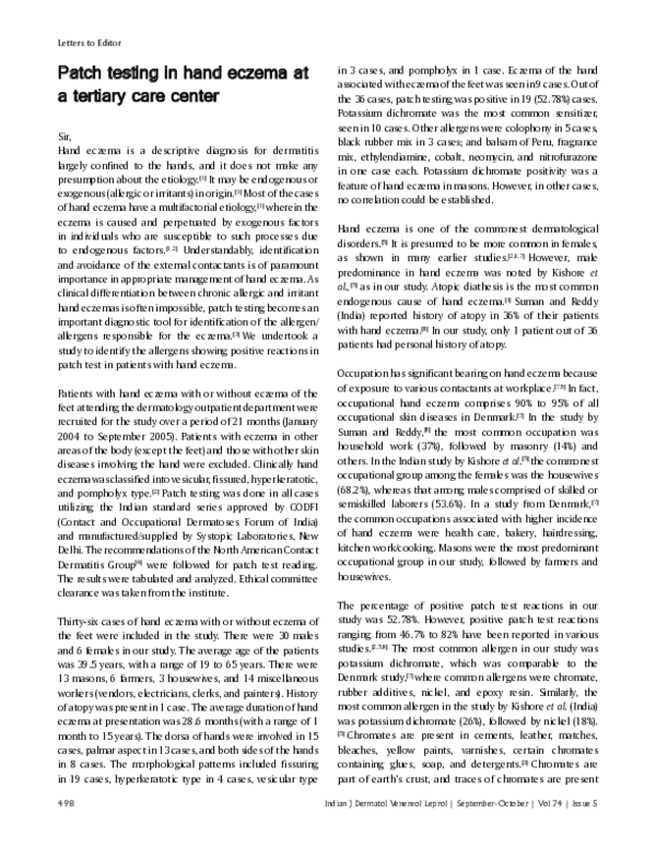 (PDF) Patch testing in hand eczema at a tertiary care center | Laxmisha ...