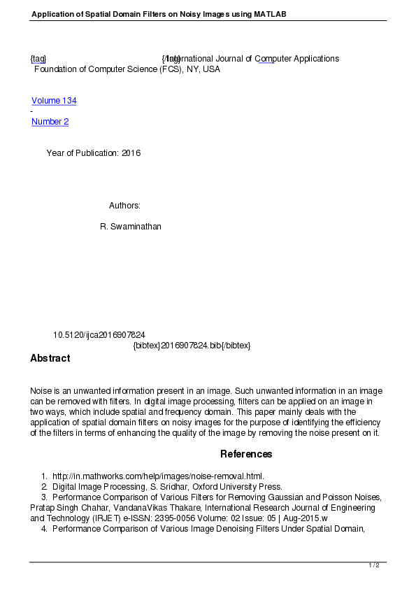 Pdf Application Of Spatial Domain Filters On Noisy Images Using Matlab