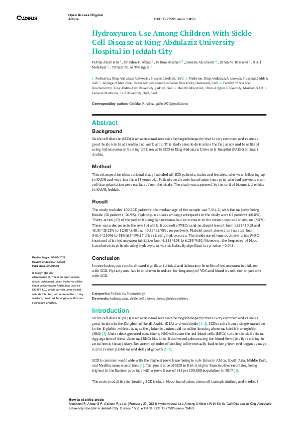 (PDF) Hydroxyurea Use Among Children With Sickle Cell Disease at King ...