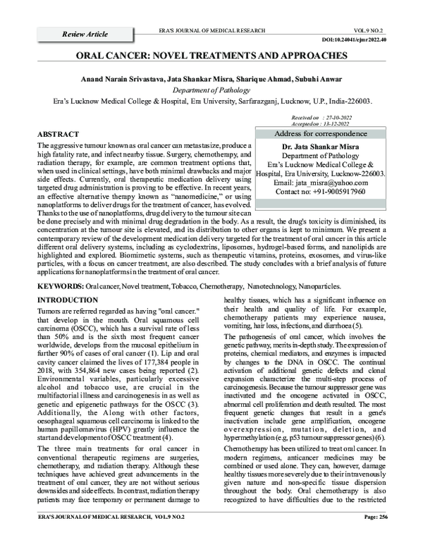 (PDF) Oral Cancer: Novel Treatments and Approaches