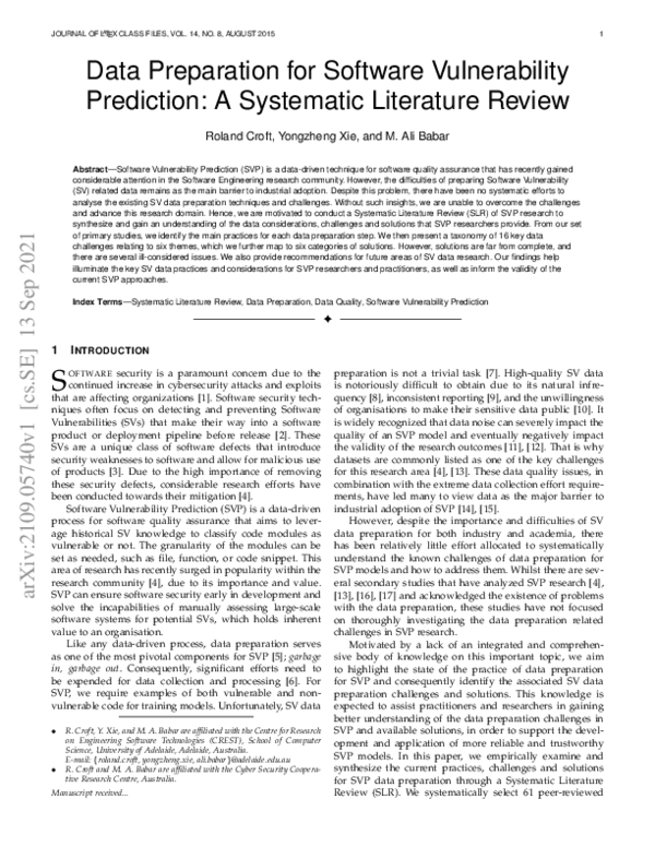 Pdf Data Preparation For Software Vulnerability Prediction A Systematic Literature Review