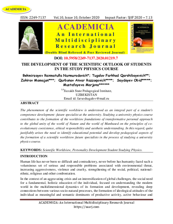 (PDF) THE DEVELOPMENT OF THE SCIENTIFIC OUTLOOK OF STUDENTS IN THE ...