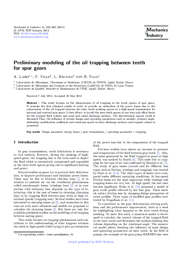 (PDF) Preliminary modeling of the oil trapping between teeth for spur gears