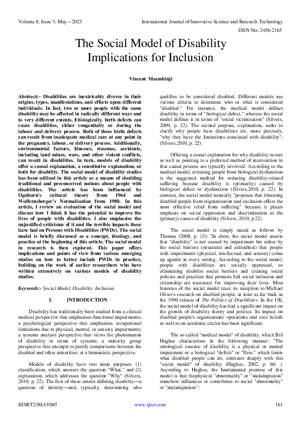 (PDF) The Social Model of Disability Implications for Inclusion