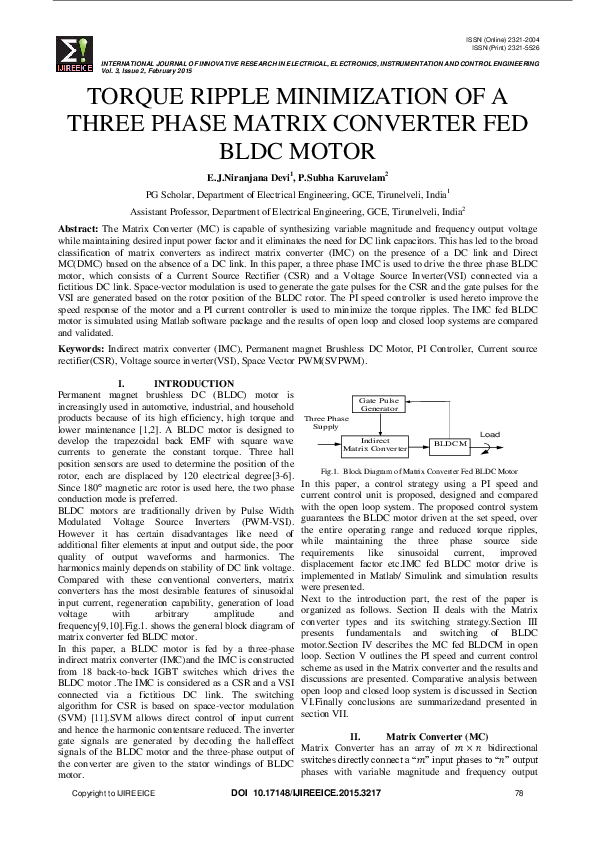 (PDF) Torque Ripple Minimization of a Three Phase Matrix Converter Fed BLDC Motor