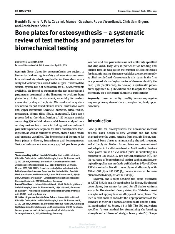 (PDF) Bone plates for osteosynthesis – a systematic review of test ...