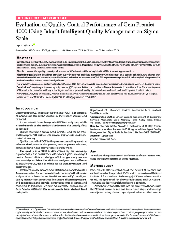(PDF) Evaluation of Quality Control Performance of Gem Premier 4000 Using Inbuilt Intelligent ...