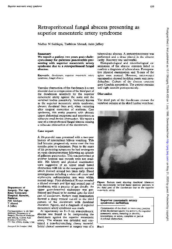 (PDF) Retroperitoneal fungal abscess presenting as superior mesenteric ...