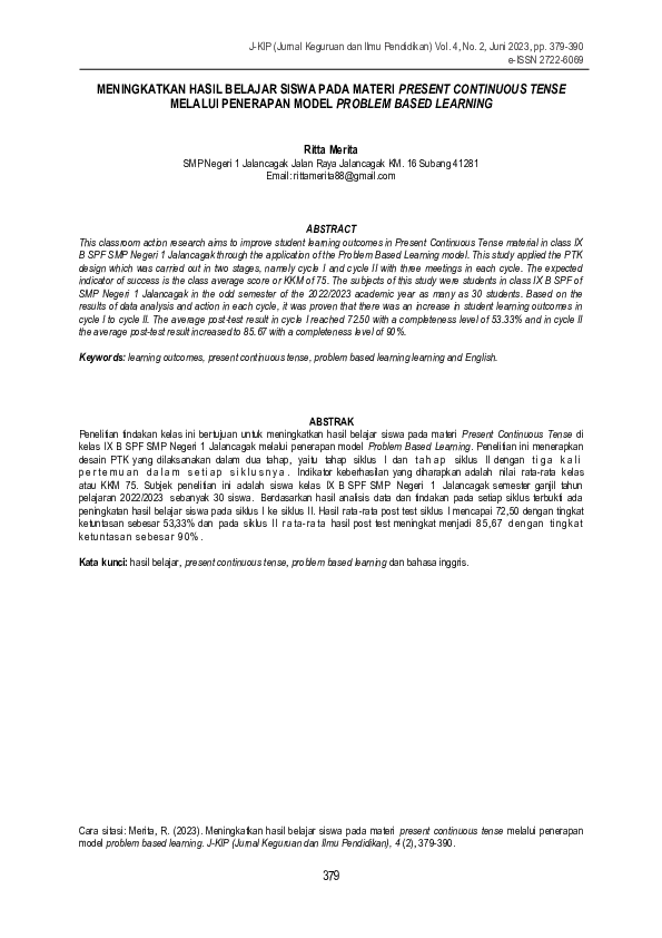 (PDF) Meningkatkan Hasil Belajar Siswa Pada Materi Present Continuous Tense Melalui Penerapan ...