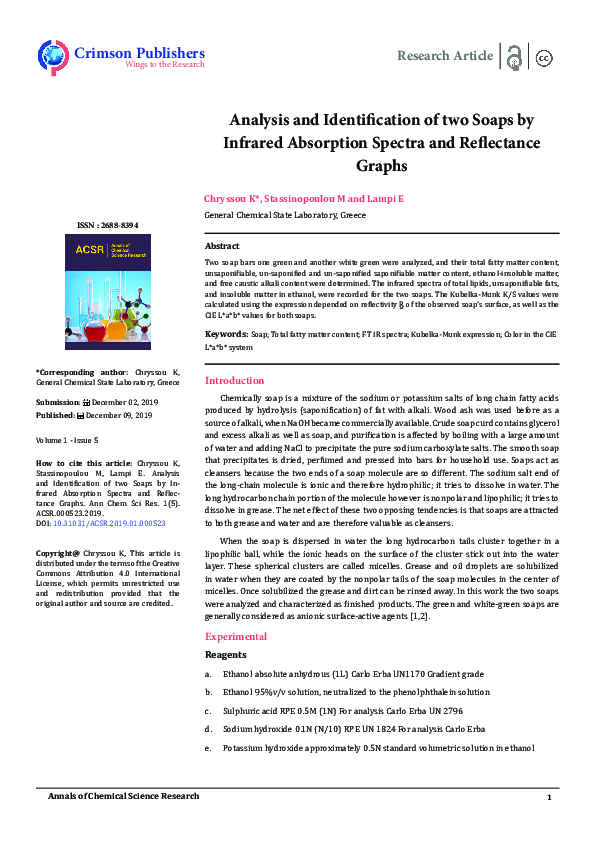 (PDF) Analysis and Identification of two Soaps by Infrared Absorption Spectra and Reflectance Graphs