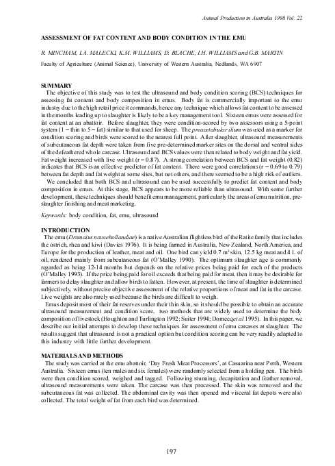 Assessment of fat content and body condition in the emu