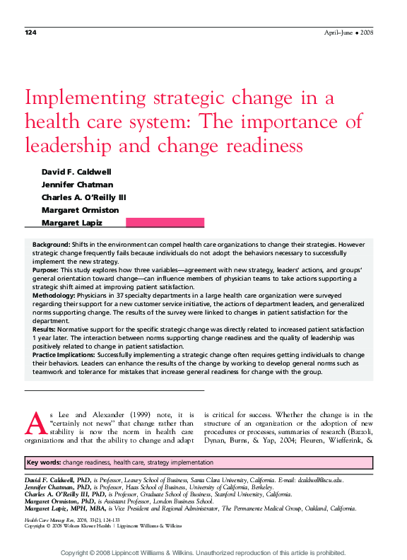 (PDF) Implementing strategic change in a health care system