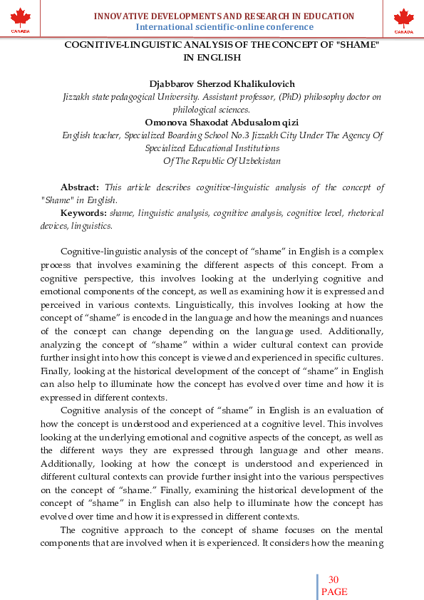 (PDF) COGNITIVE-LINGUISTIC ANALYSIS OF THE CONCEPT OF "SHAME" IN ENGLISH