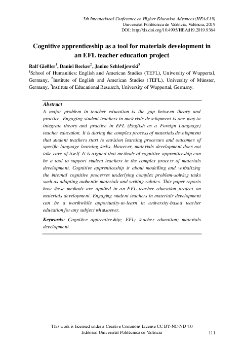 (PDF) Modelling and 'cognitive apprenticeship' in teacher education