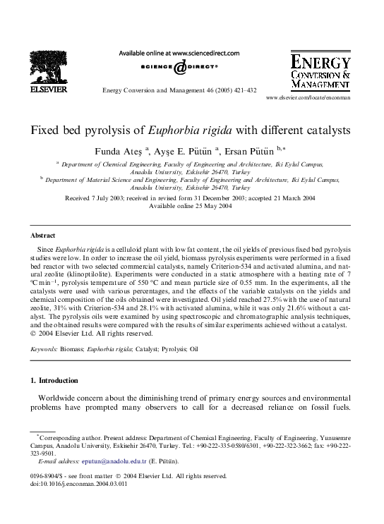 (PDF) Fixed bed pyrolysis of Euphorbia rigida with different catalysts