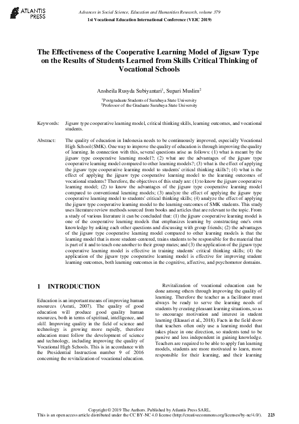 (PDF) The Effectiveness of the Cooperative Learning Model of Jigsaw Type on the Results of ...