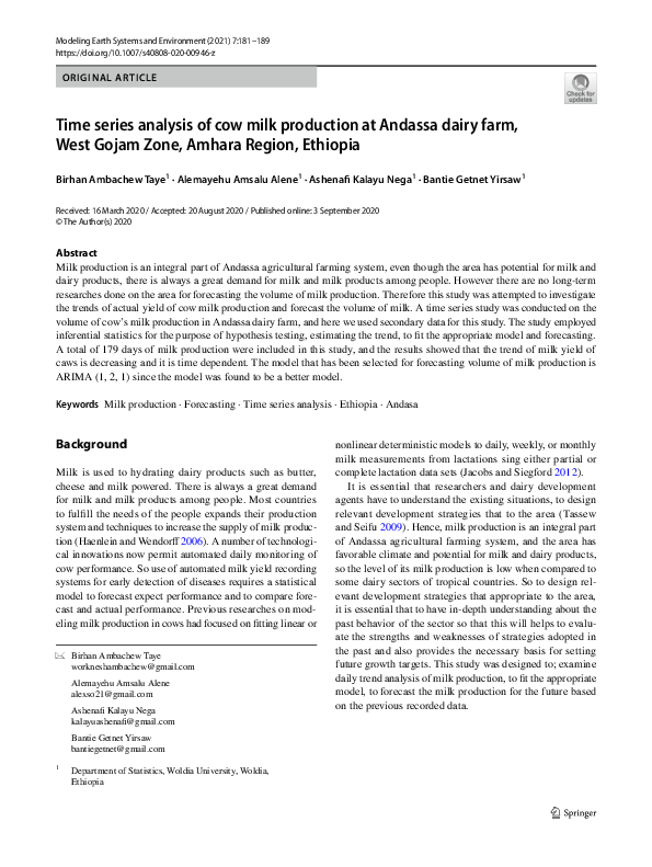 (PDF) Time series analysis of cow milk production at Andassa dairy farm ...