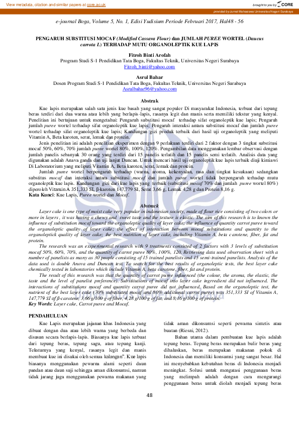 (PDF) PENGARUH SUBSTITUSI MOCAF (Modified Cassava Flour) dan JUMLAH PUREE WORTEL (Daucus carrota ...