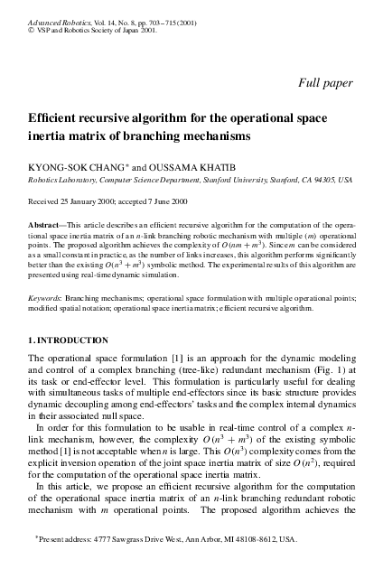 (PDF) Efficient recursive algorithm for the operational space inertia matrix of branching mechanisms