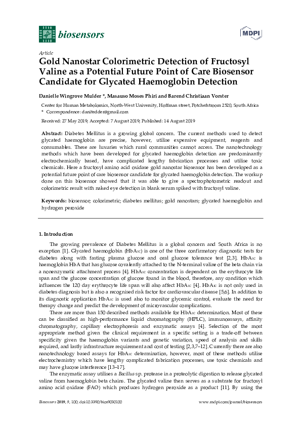 (PDF) Gold Nanostar Colorimetric Detection of Fructosyl Valine as a ...