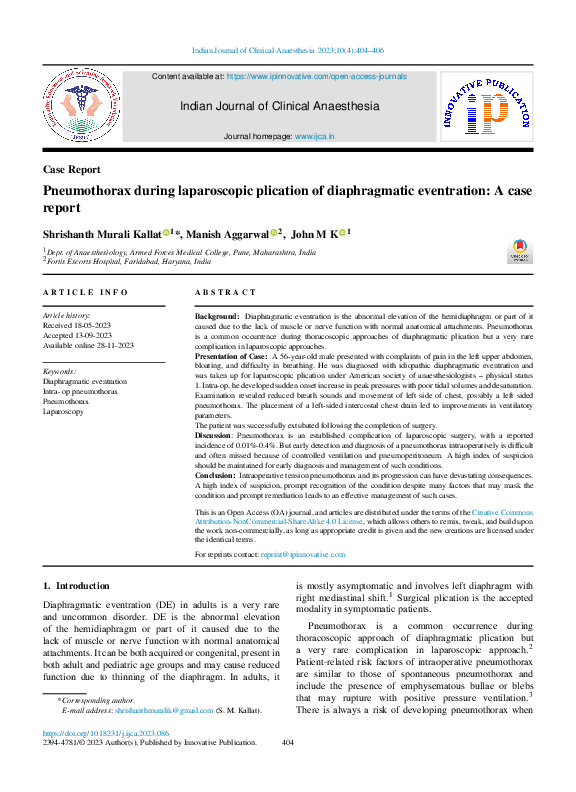(PDF) Pneumothorax during laparoscopic plication of diaphragmatic ...
