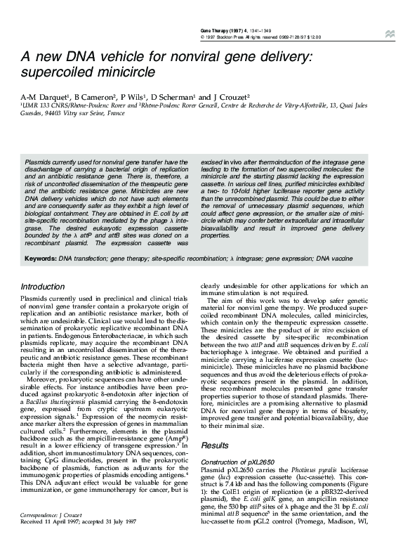 (PDF) A new DNA vehicle for nonviral gene delivery: supercoiled minicircle