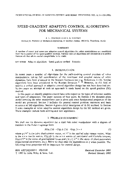 (PDF) Speed gradient adaptive control algorithms for mechanical systems