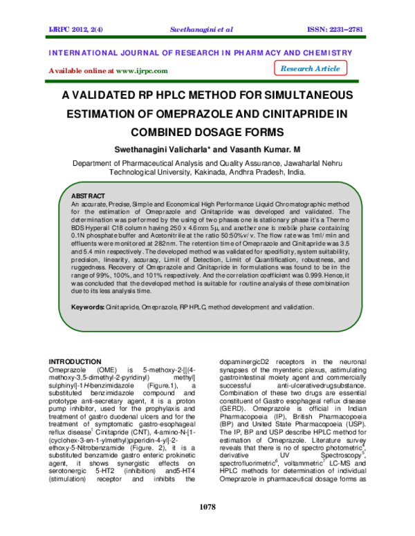 (PDF) A VALIDATED RP HPLC METHOD FOR SIMULTANEOUS ESTIMATION OF OMEPRAZOLE AND CINITAPRIDE IN ...