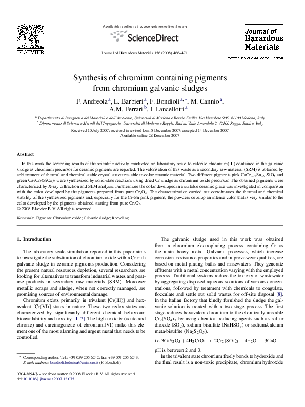 (PDF) Synthesis of chromium containing pigments from chromium galvanic ...