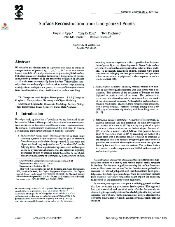 Pdf Surface Reconstruction From Unorganized Points
