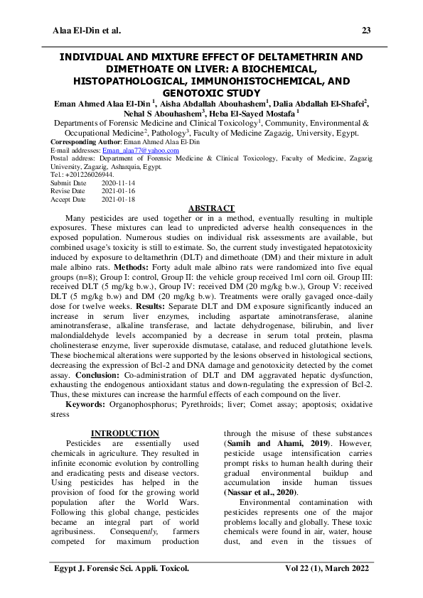 (PDF) Individual and mixture effect of Deltamethrin and Dimethoate on liver : A biochemical ...