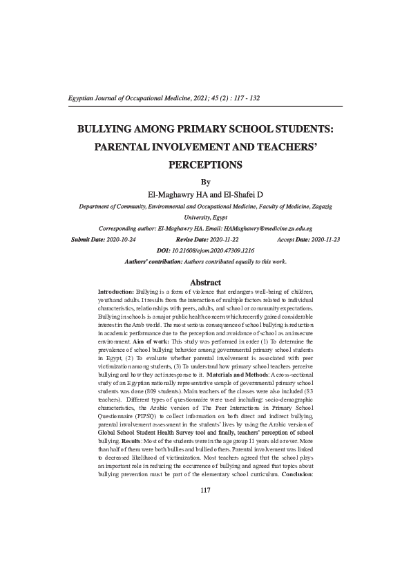 (PDF) Bullying Among Primary School Students: Parental Involvement and Teachers’ Perceptions