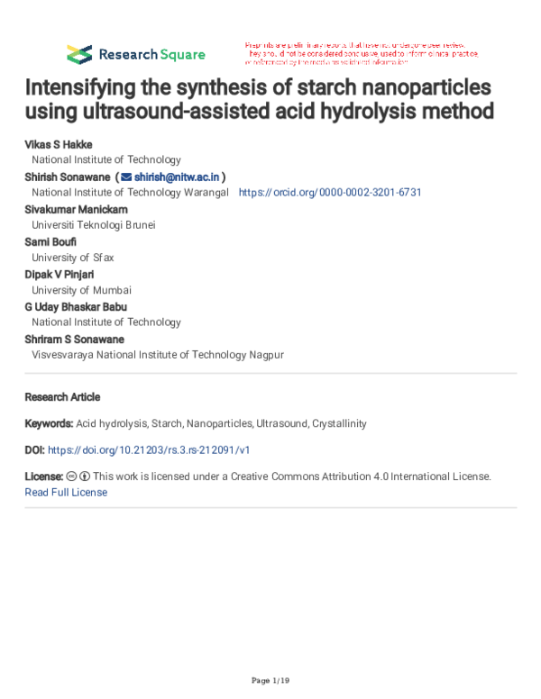 (PDF) Intensifying the synthesis of starch nanoparticles using ...