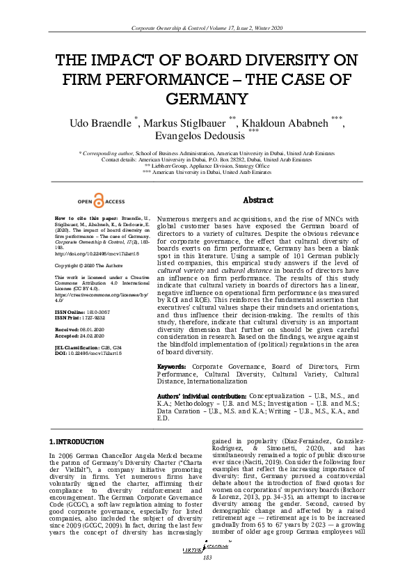 (PDF) The impact of board diversity on firm performance – The case of ...