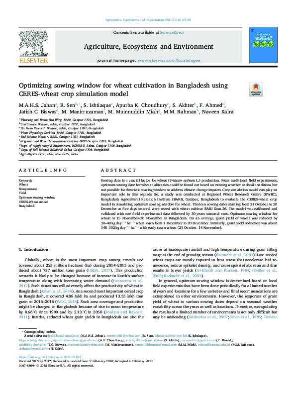 Pdf Optimizing Sowing Window For Wheat Cultivation In Bangladesh Using Ceres Wheat Crop