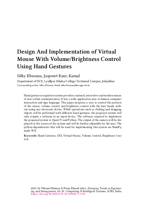 (PDF) Design and Implementation of Virtual Mouse With Volume/Brightness Control Using Hand Gestures