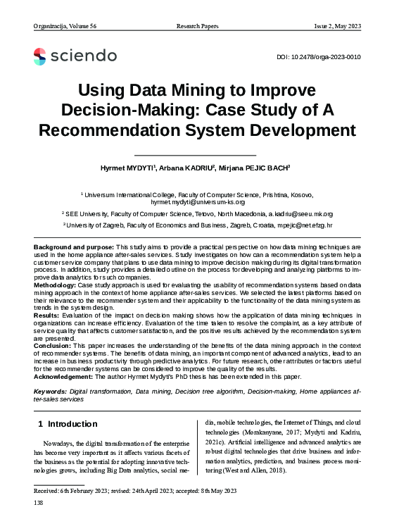(PDF) Using Data Mining to Improve Decision-Making: Case Study of A Recommendation System ...