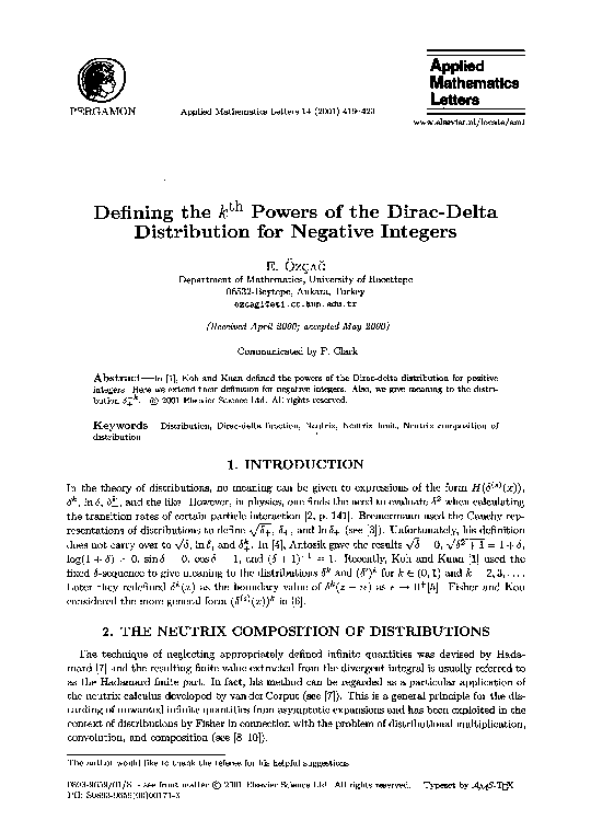 (PDF) Defining the kth powers of the Dirac-delta distribution for ...