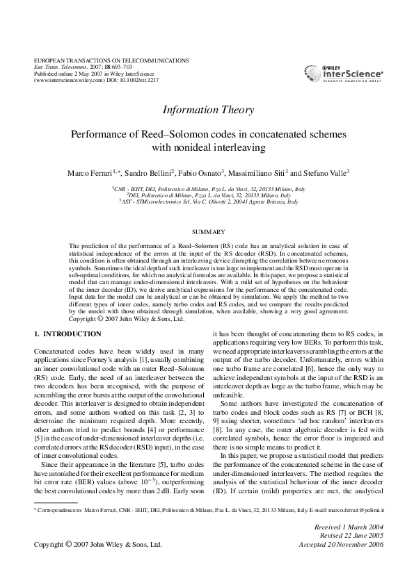 Pdf Performance Of Reed Solomon Codes In Concatenated Schemes With Nonideal Interleaving